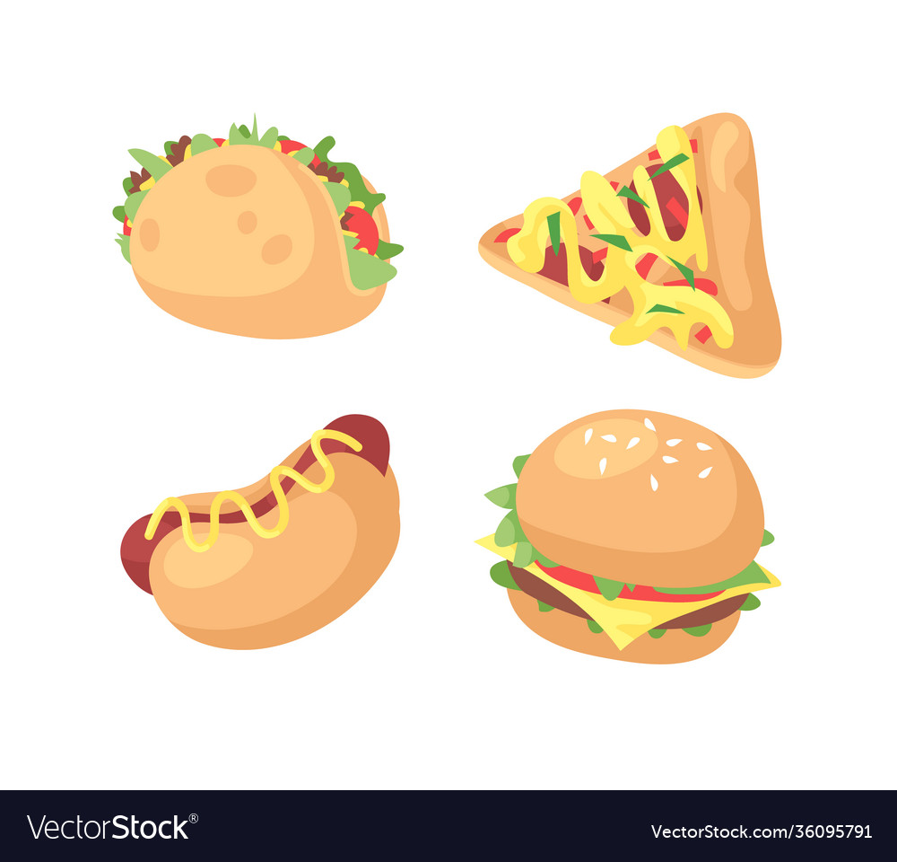 Hand drawn cartoon tacos pizza hot dog burger Vector Image