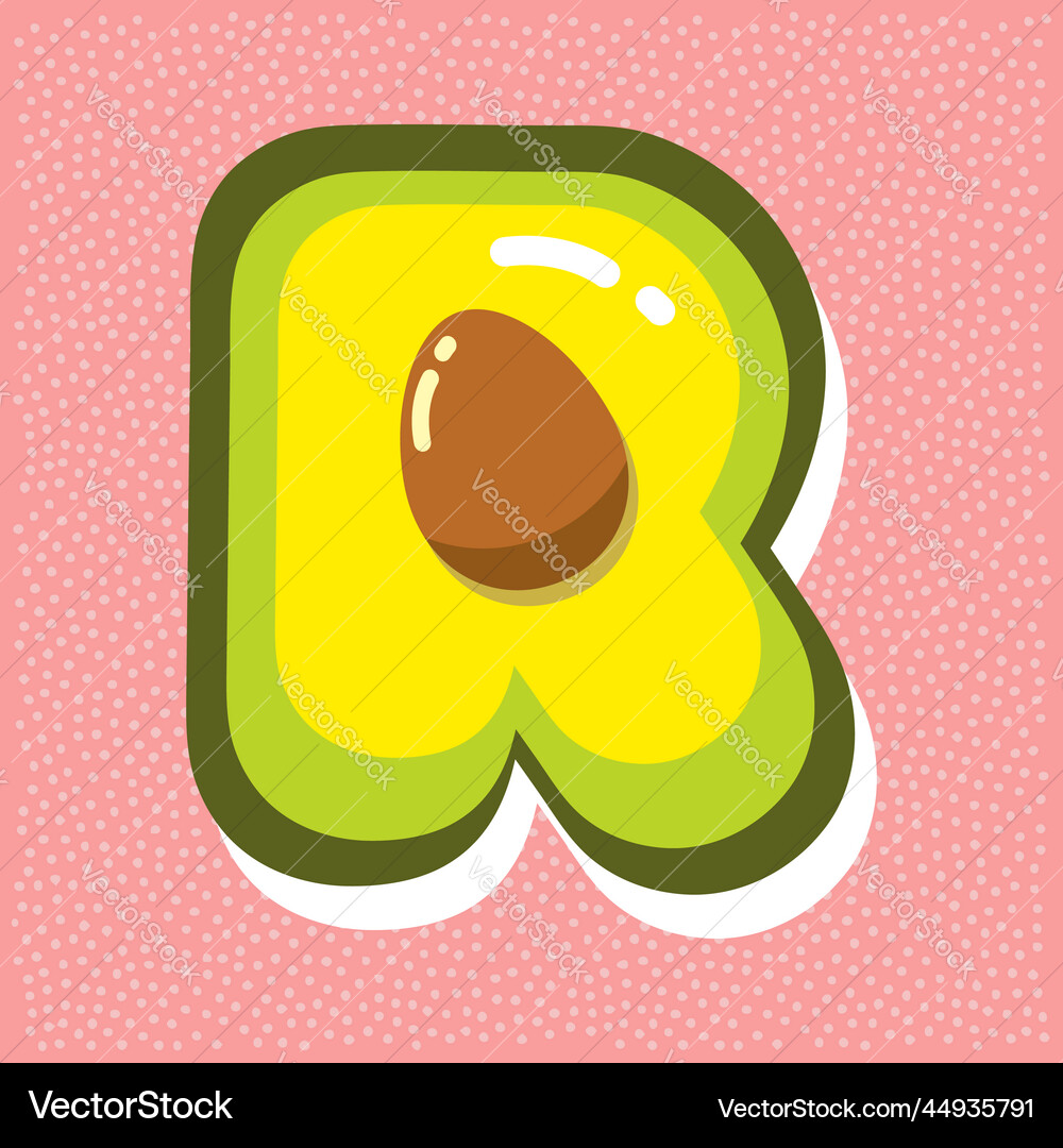 Ripe avocado with pit font abc letter r Royalty Free Vector