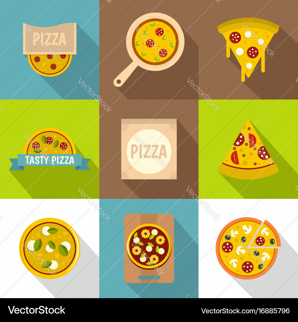 Pizza shop icons set flat style Royalty Free Vector Image
