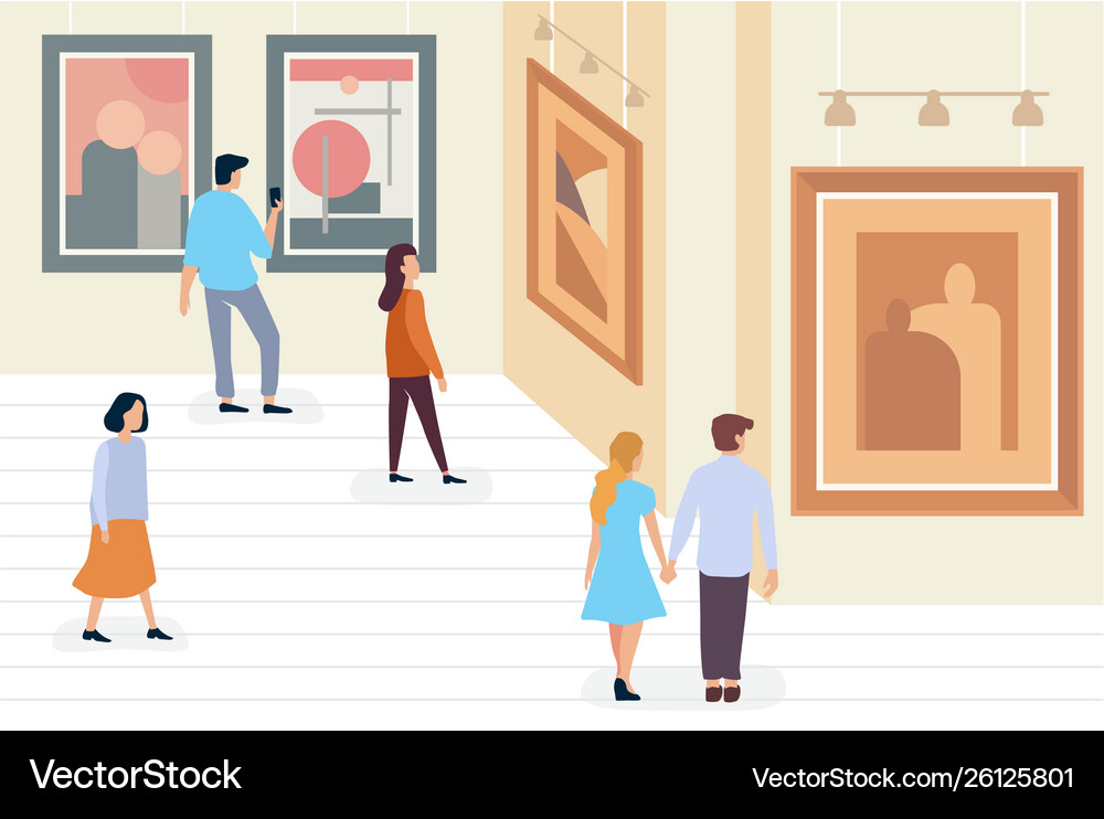 Exhibition visitors people walking and viewing Vector Image
