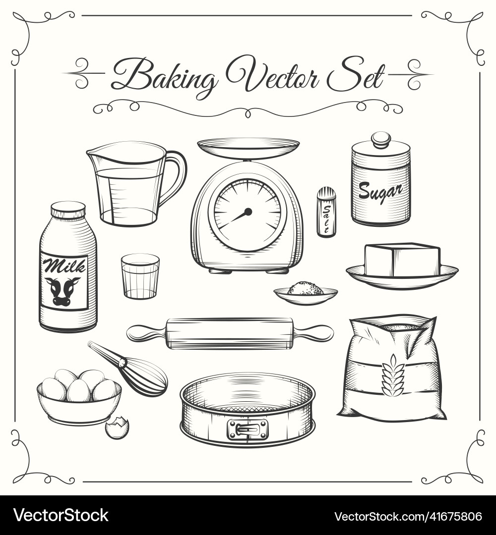 Baking food ingredients and kitchen tools in hand Vector Image