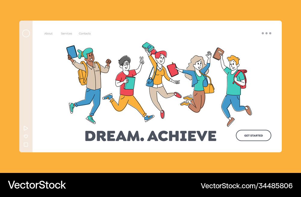 Happy students characters jumping landing page Vector Image