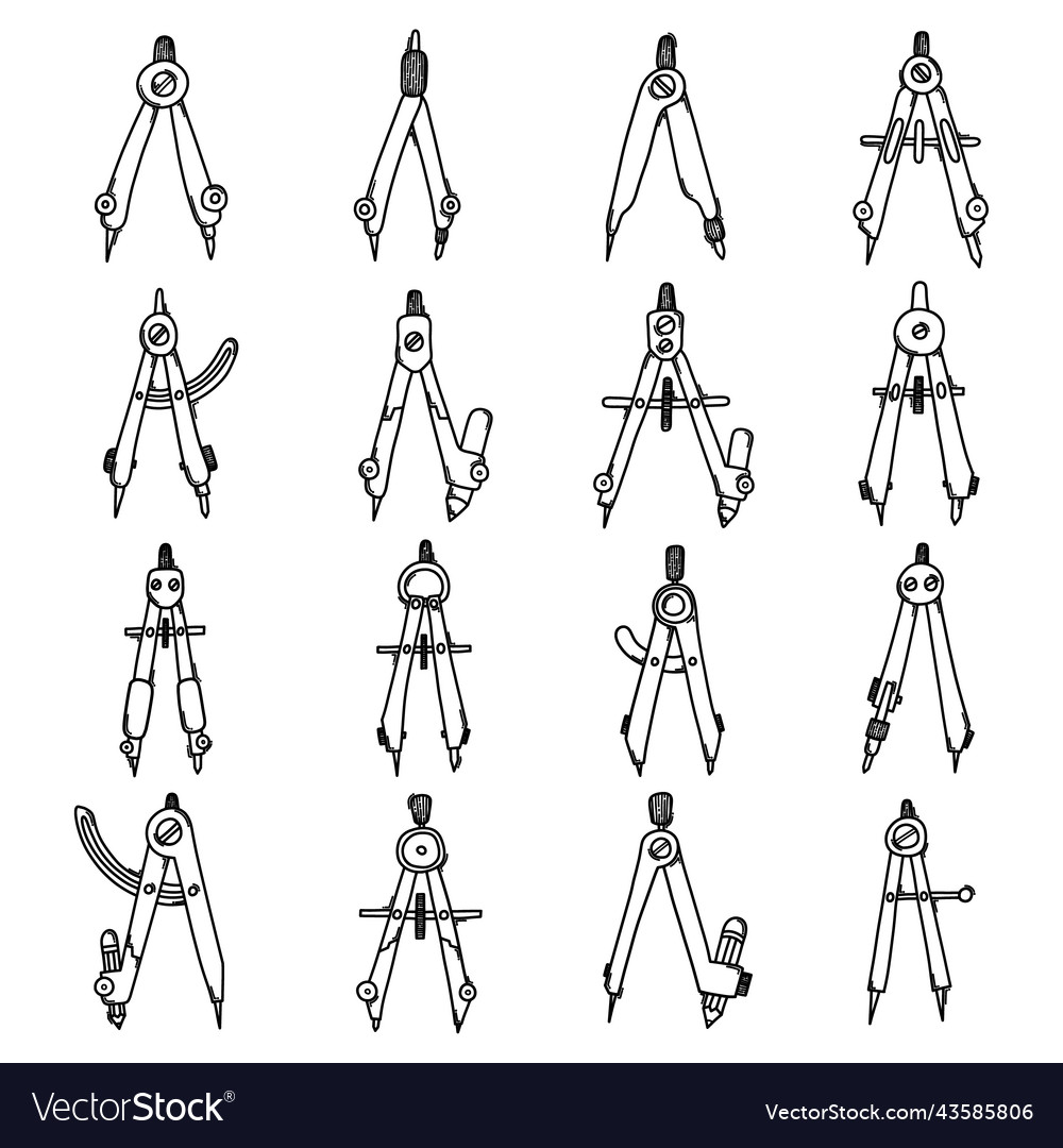 Technical compass doodle icon set drawing sketch Vector Image