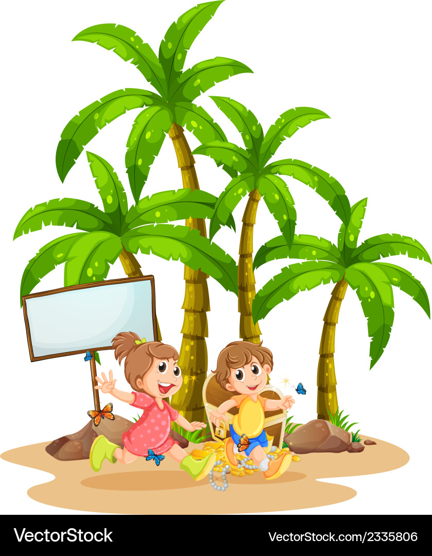 Two kids playing near the empty signboard Vector Image