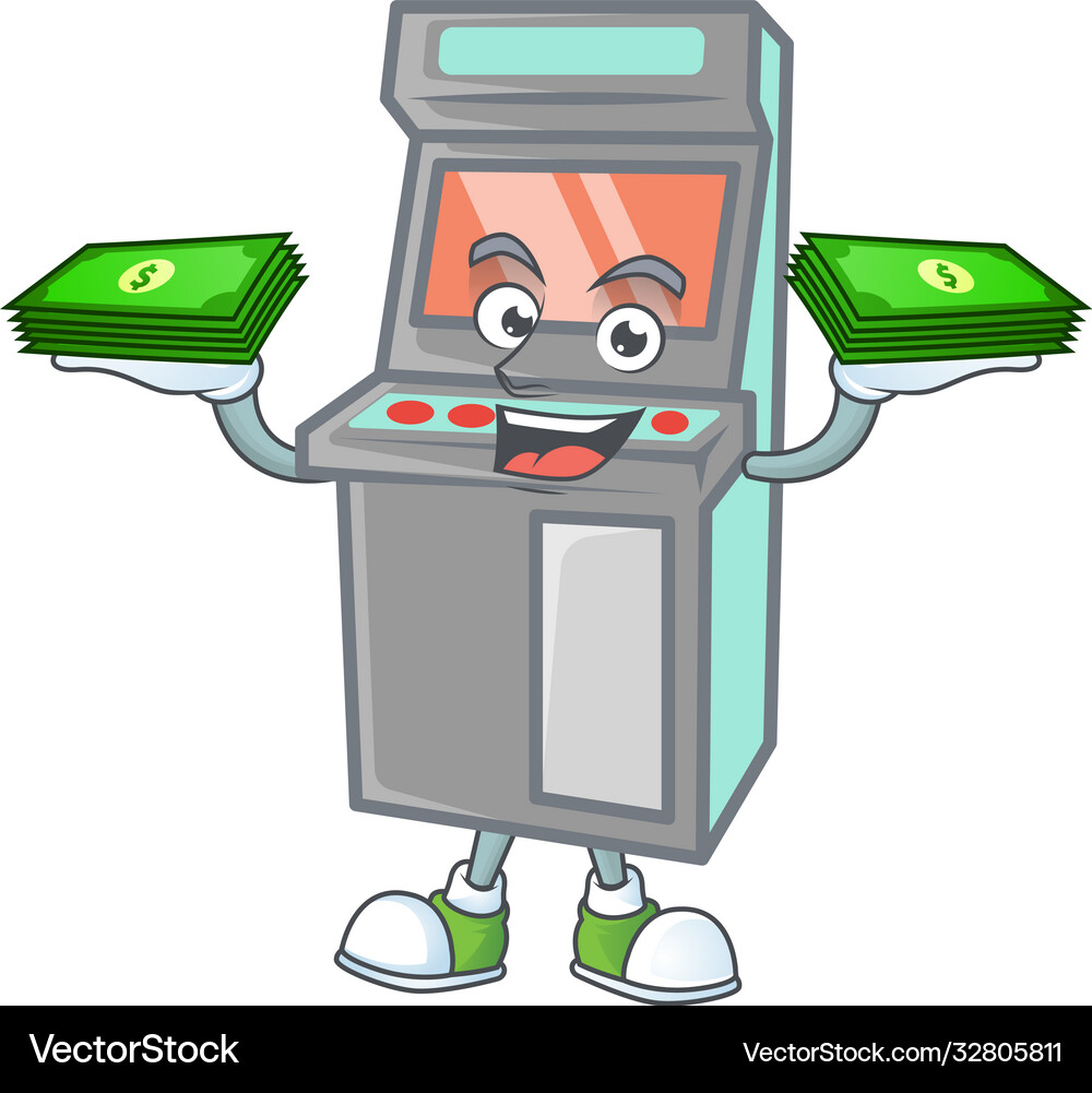 Famous arcade game machine with money on hands Vector Image
