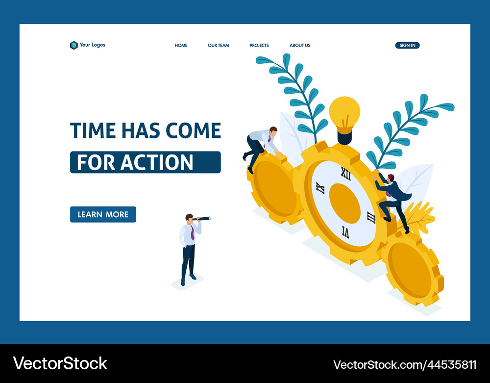 Isometric businessmen climb the clock cooperation Vector Image