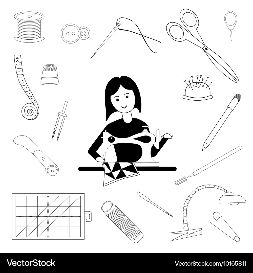 Woman sews and tools for tailoring Royalty Free Vector Image