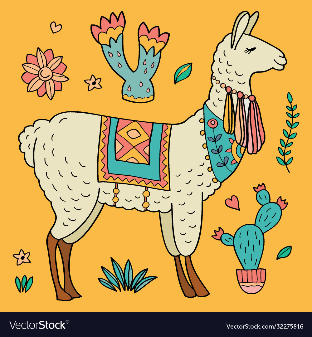 Cute llama and cacti Royalty Free Vector Image