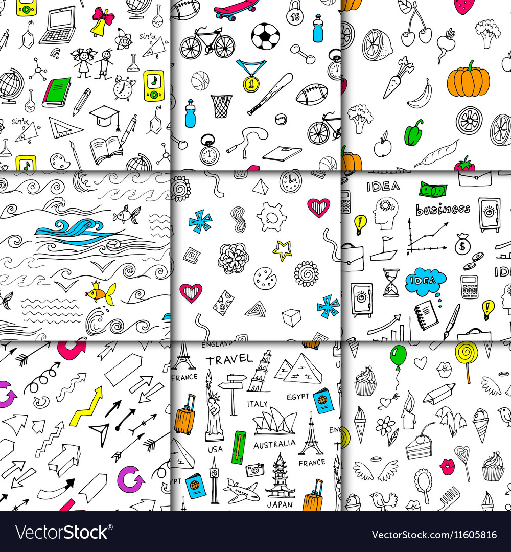 Doodles seamless pattern set Royalty Free Vector Image