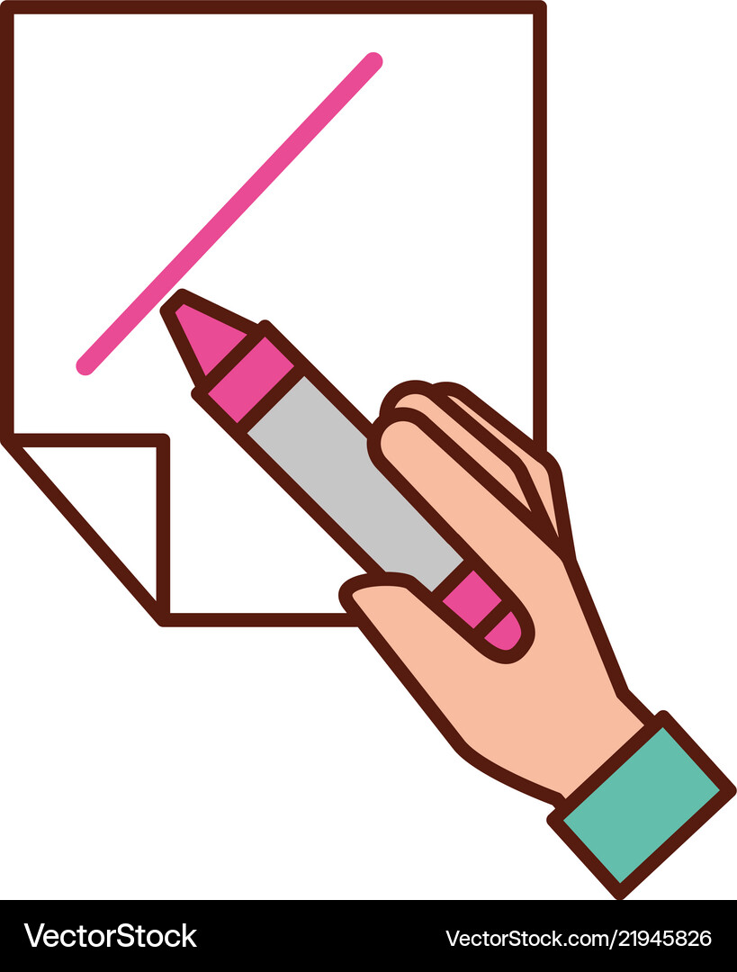 Hand holding color crayon paint paper Royalty Free Vector