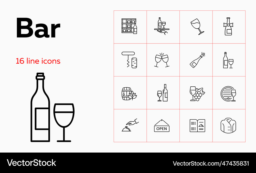 Bar line icon set waiter menu wine Royalty Free Vector Image