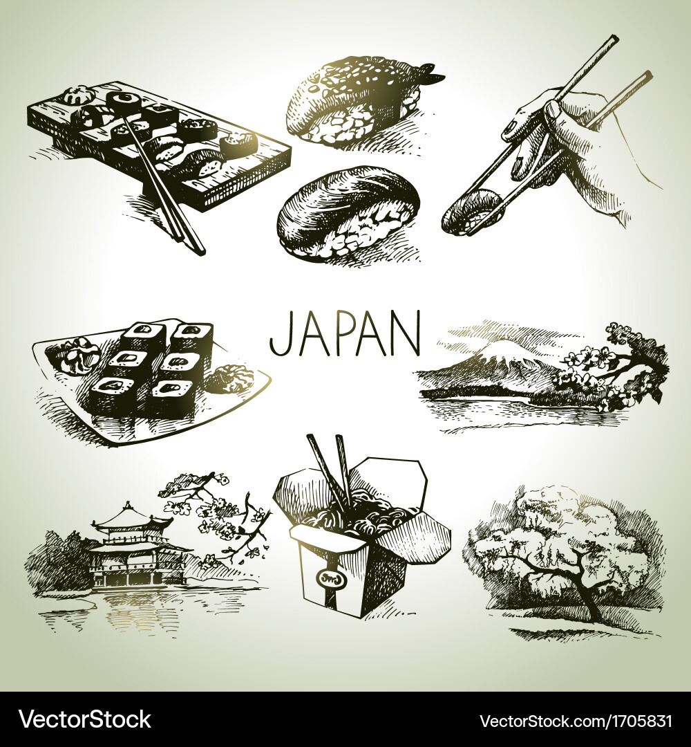 Hand drawn vintage japanese set Royalty Free Vector Image
