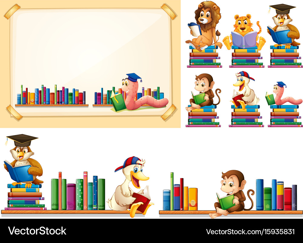 Paper frame and many animals reading books Vector Image