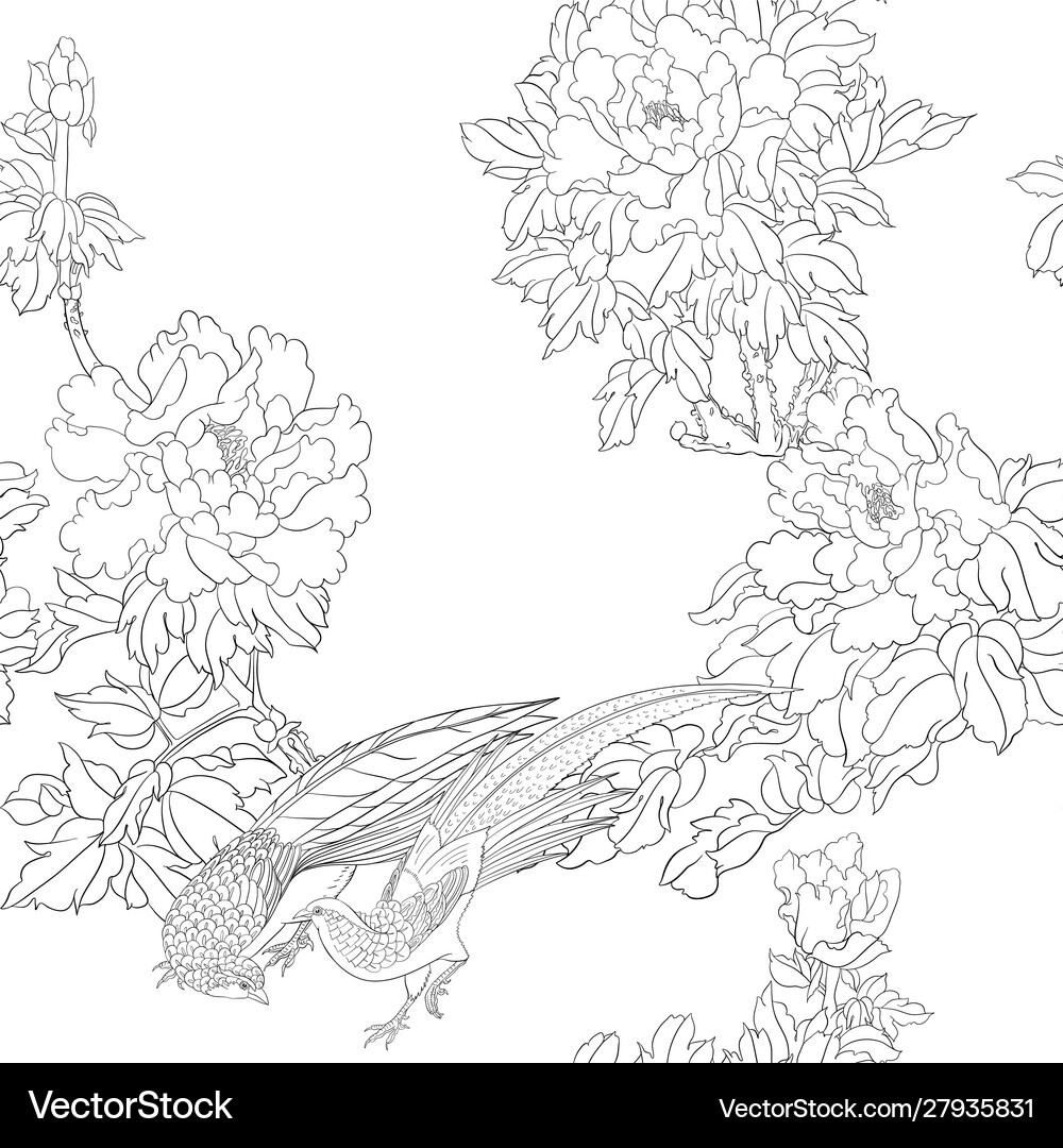 Peony tree branch with flowers pheasants Vector Image