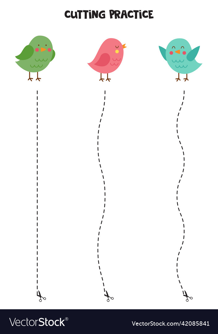 Cutting practice for children with cute birds Vector Image