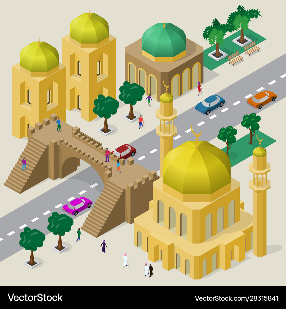 Isometric cityscape buildings pedestrian Vector Image