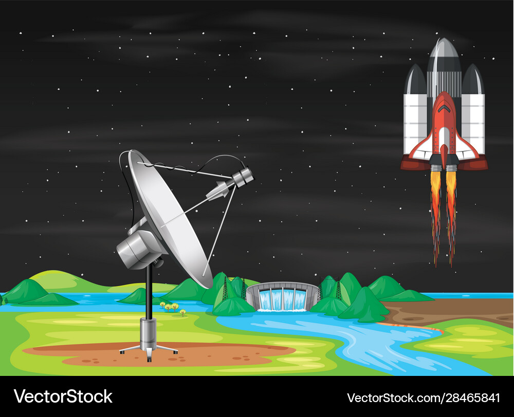 Scene with spaceship flying in sky Royalty Free Vector Image