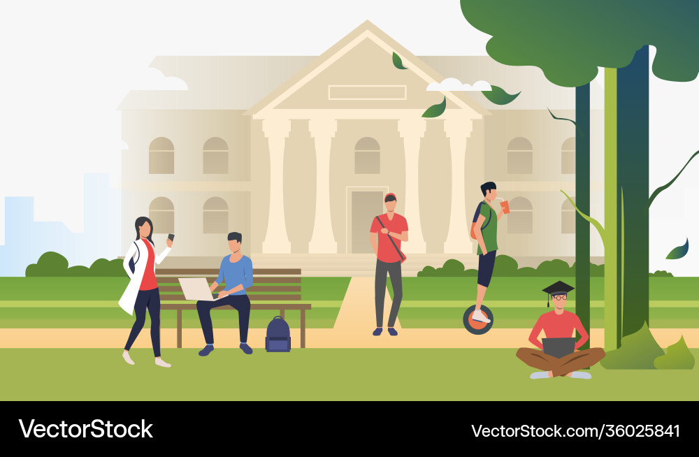 Students walking and relaxing in campus park Vector Image