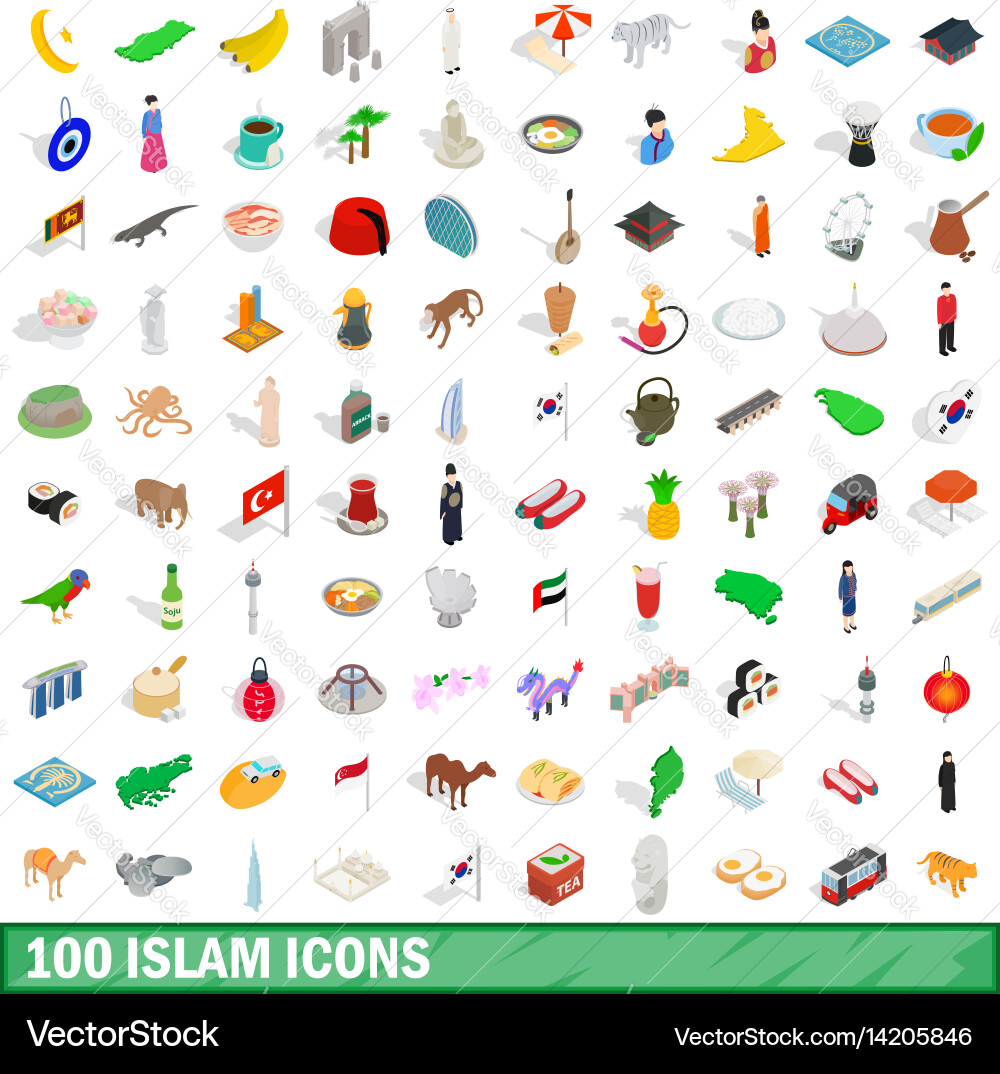 100 islam icons set isometric 3d style Royalty Free Vector