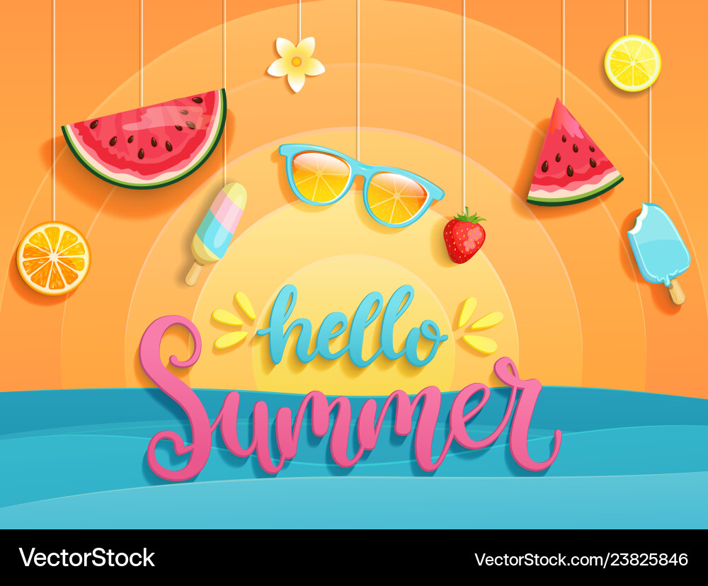 Hello summer flyer with summer symbols Royalty Free Vector