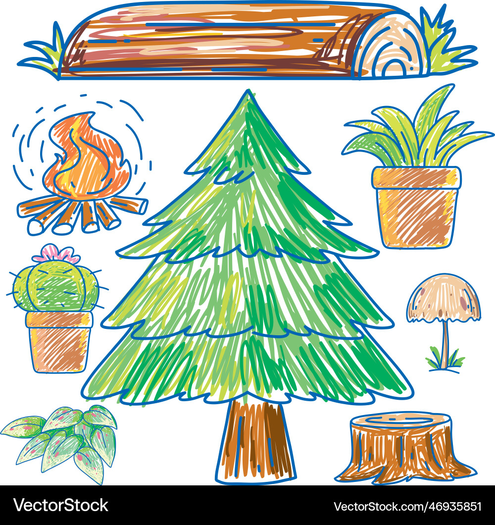 Set of nature and plants element scribble style Vector Image