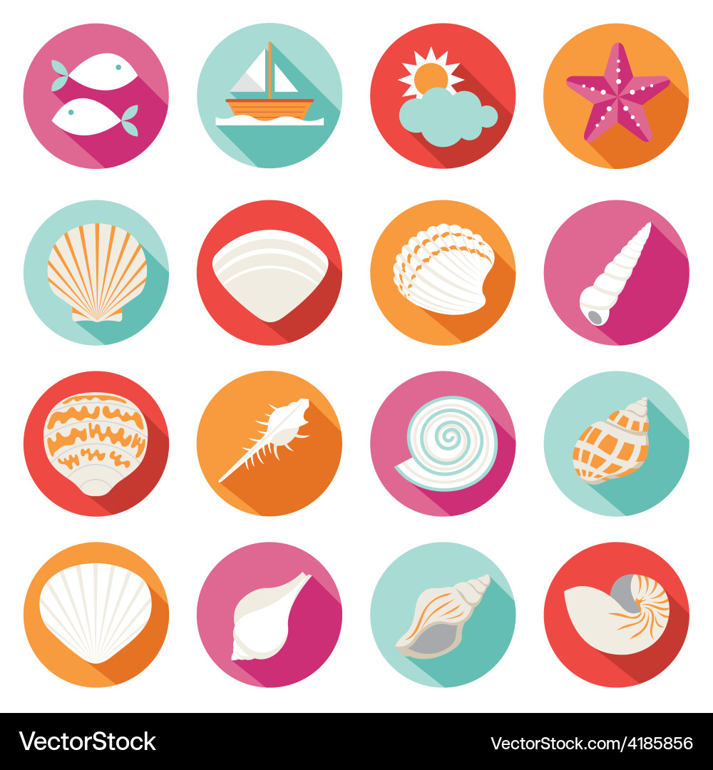 Sea shell flat and summer icons set Royalty Free Vector