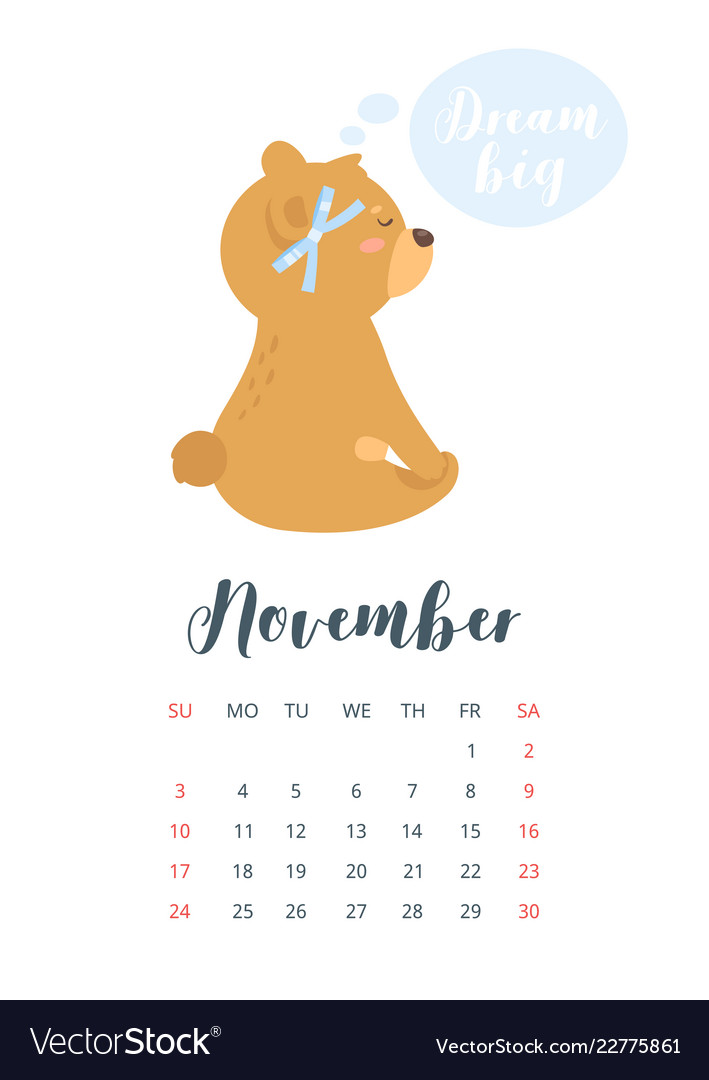2019 cute teddy bear calendar Royalty Free Vector Image