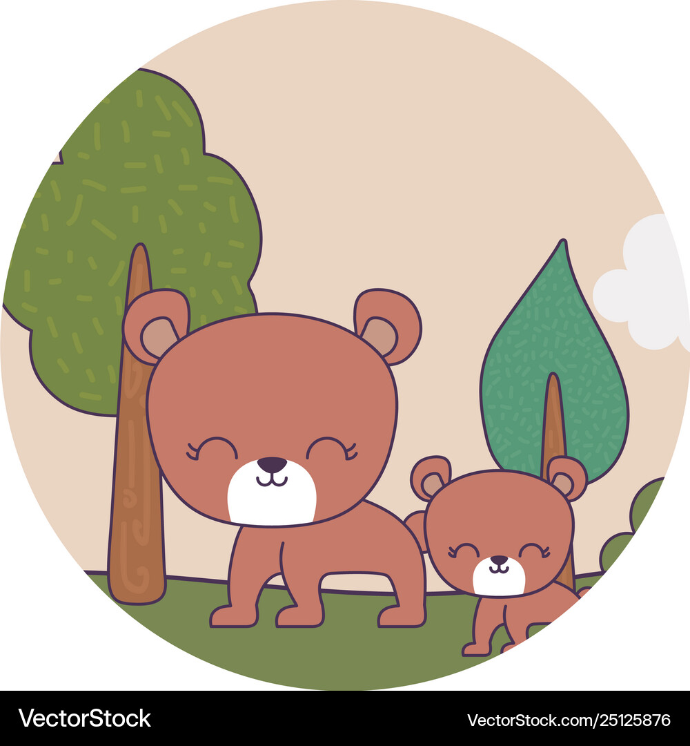 Cute bears animals in landscape scene Royalty Free Vector