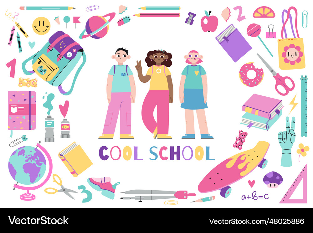 Cool school banner classmates kids characters Vector Image