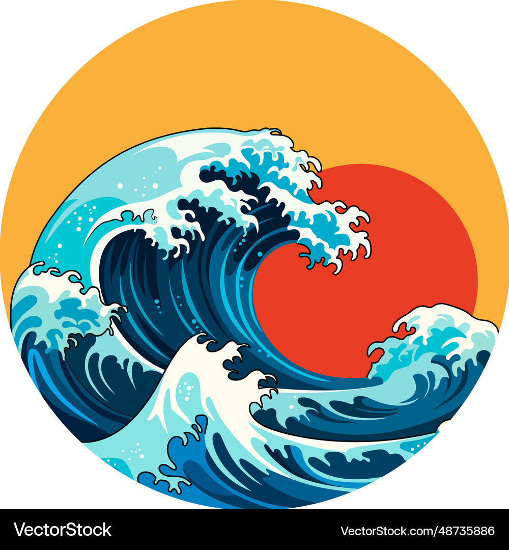 Japanese wave under red sun traditional style Vector Image