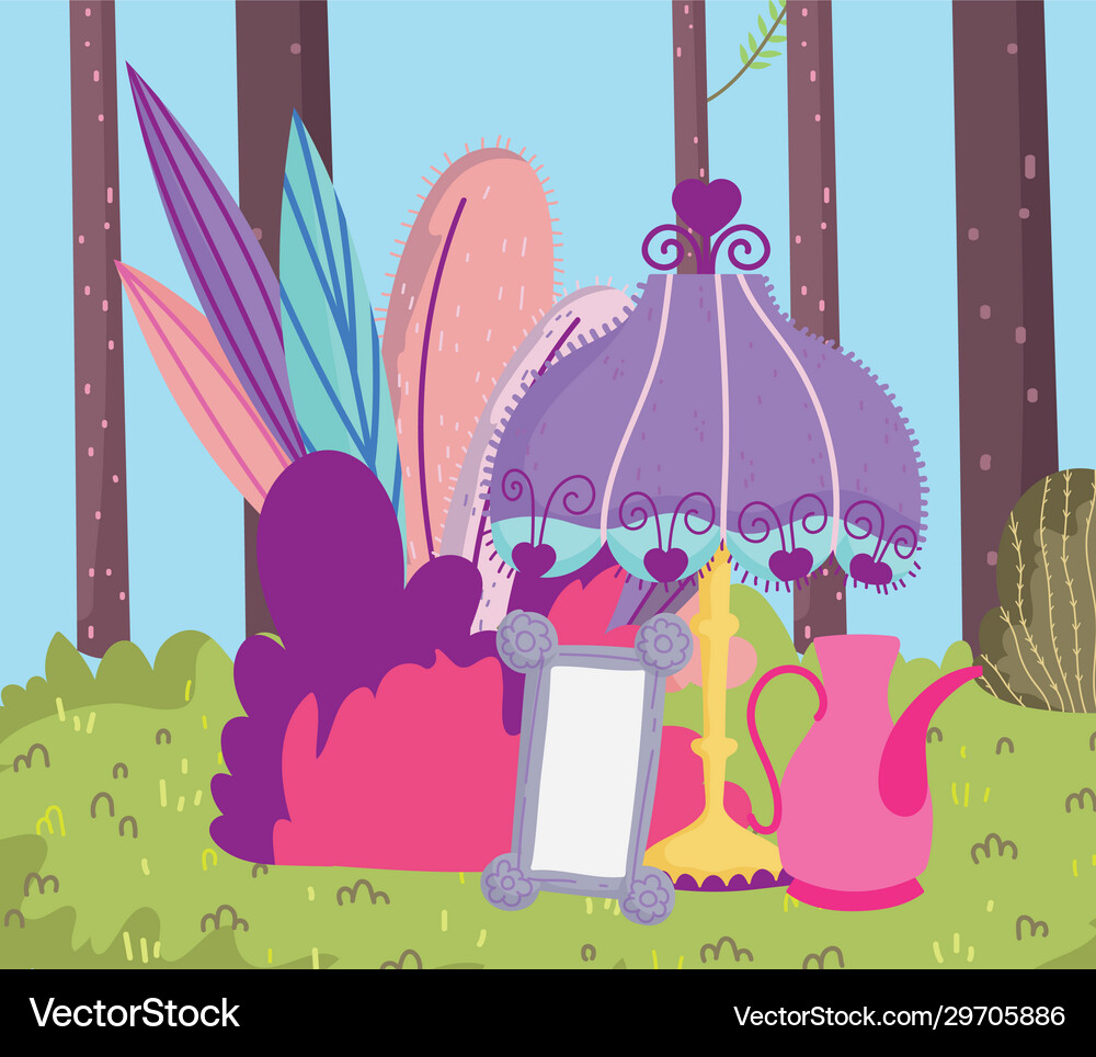 Lamp mirror teapot forest trees meadow cartoon Vector Image