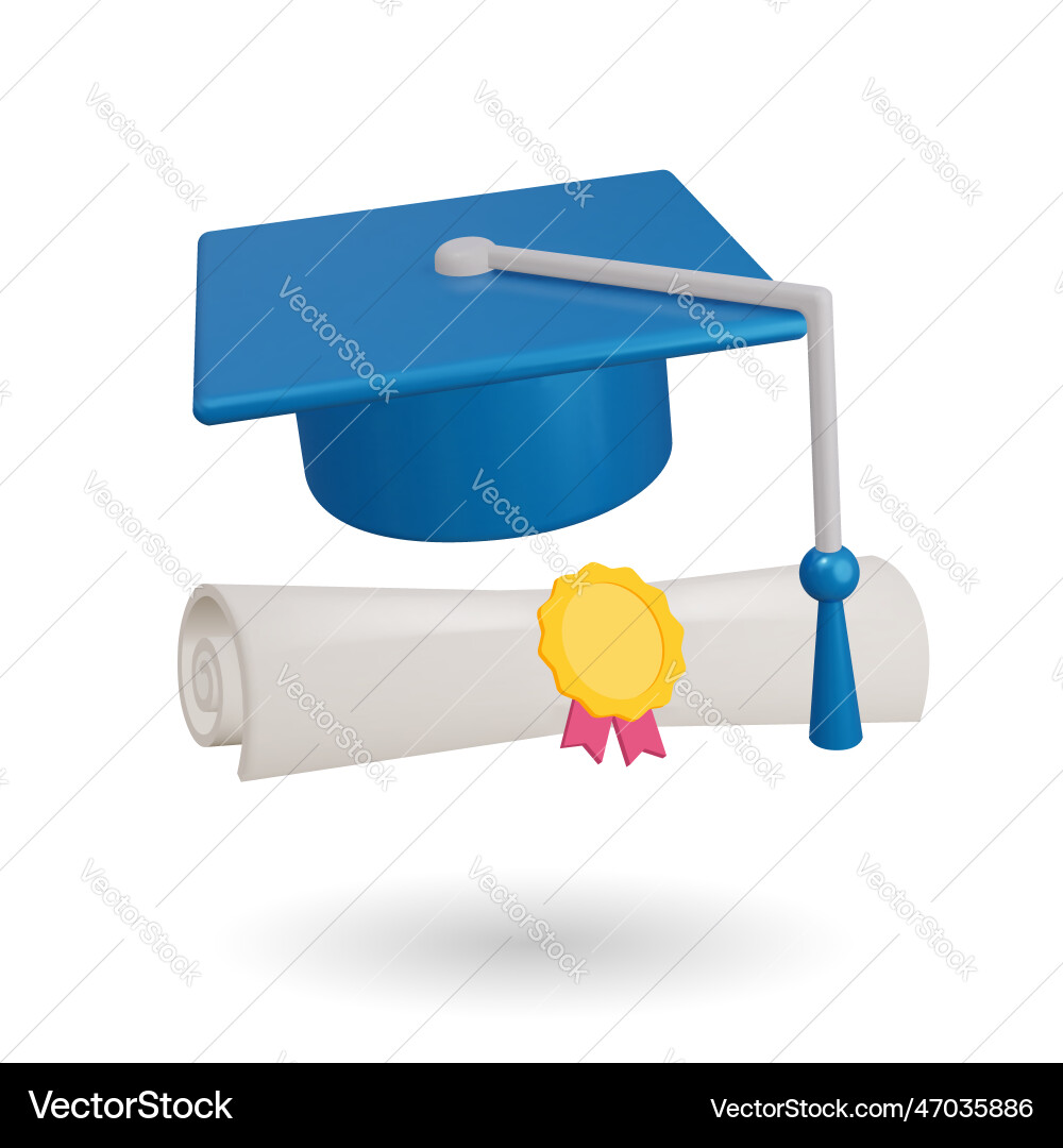 Realistic 3d icon college cap diploma close up Vector Image
