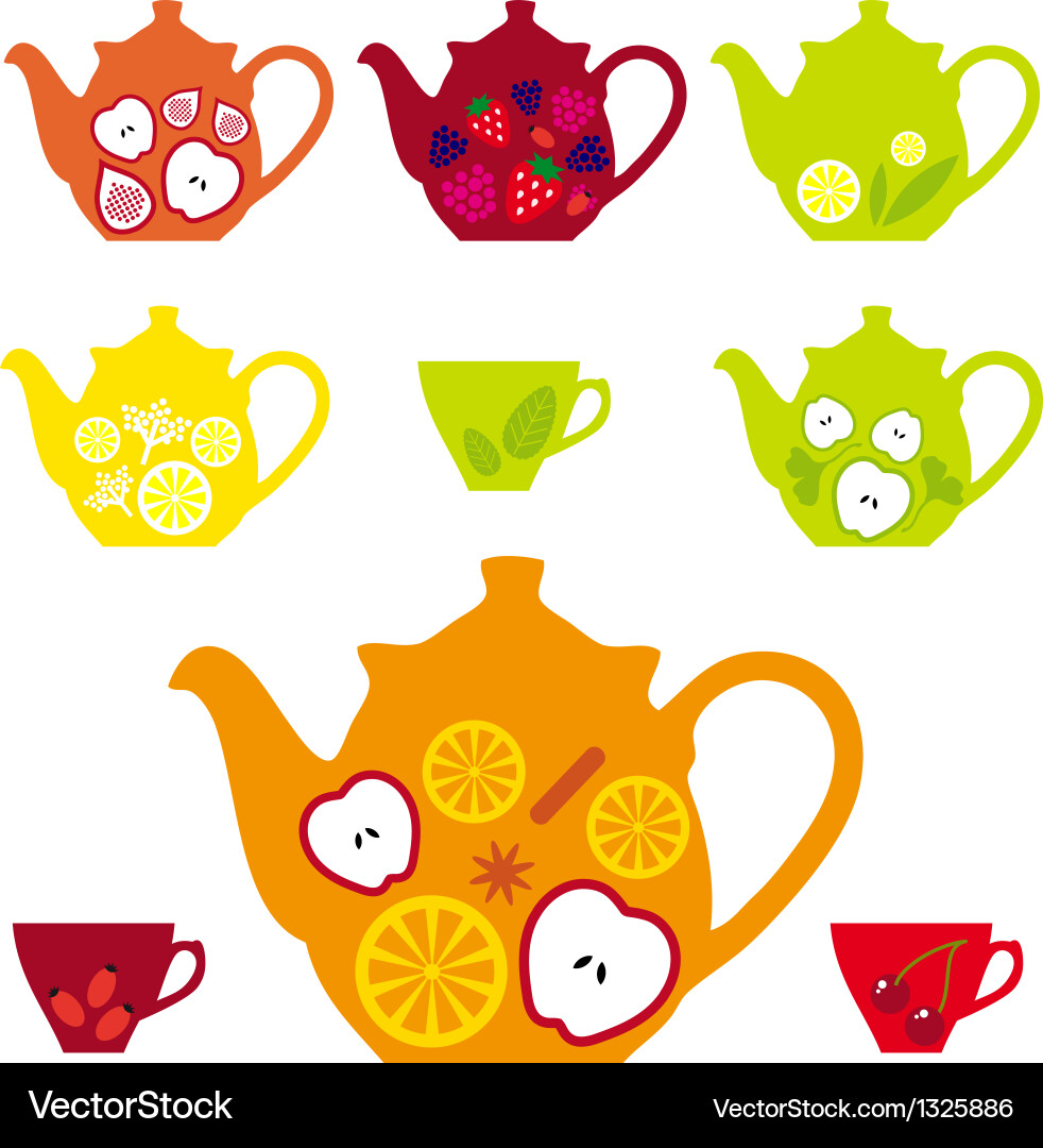 Tea pots and cups with fruits Royalty Free Vector Image