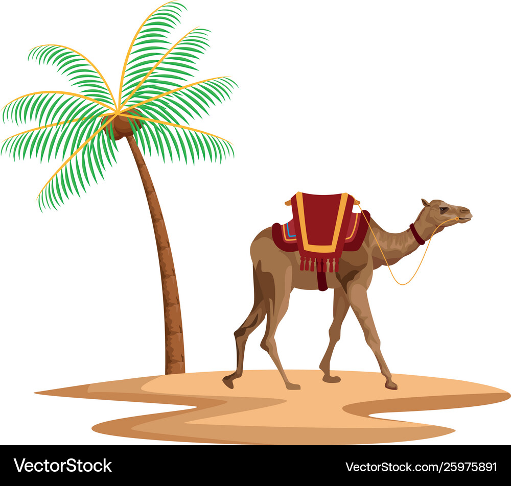 Palm and camel icon cartoon Royalty Free Vector Image