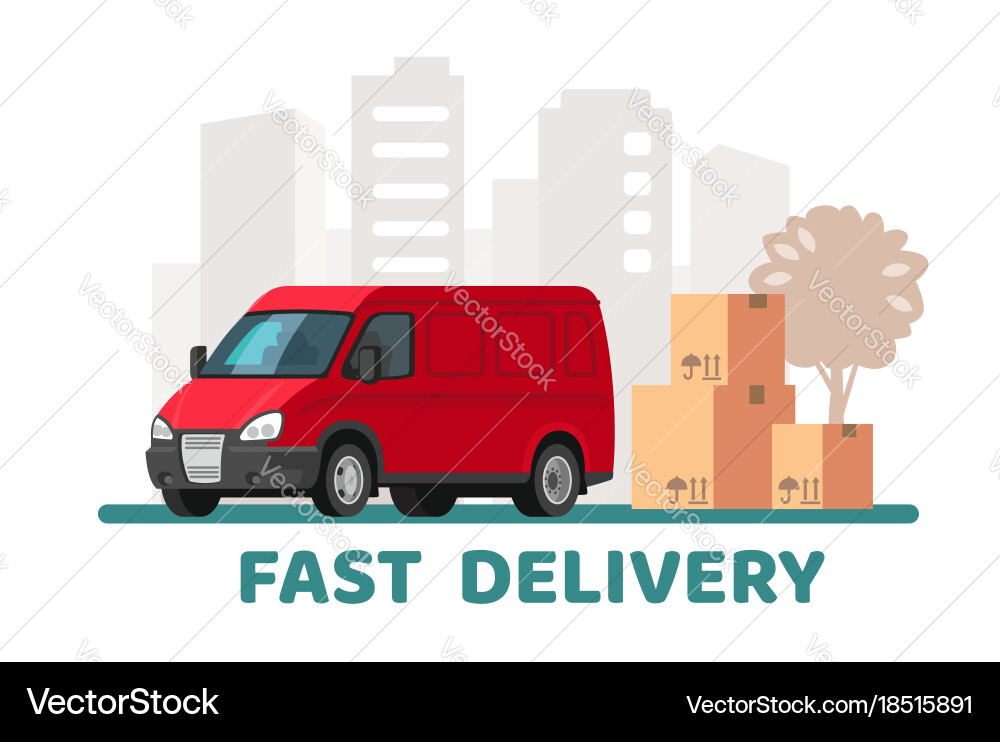Red delivery van with cardboard boxes fragile Vector Image