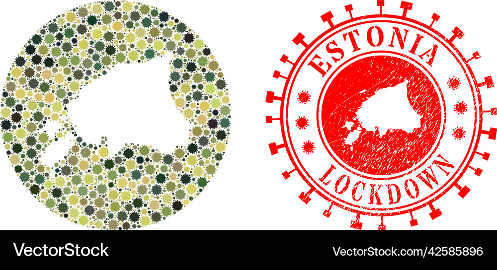 Lockdown rubber badge and flu virus mosaic hole Vector Image