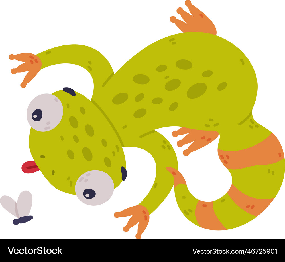Funny green gecko character catching fly Vector Image