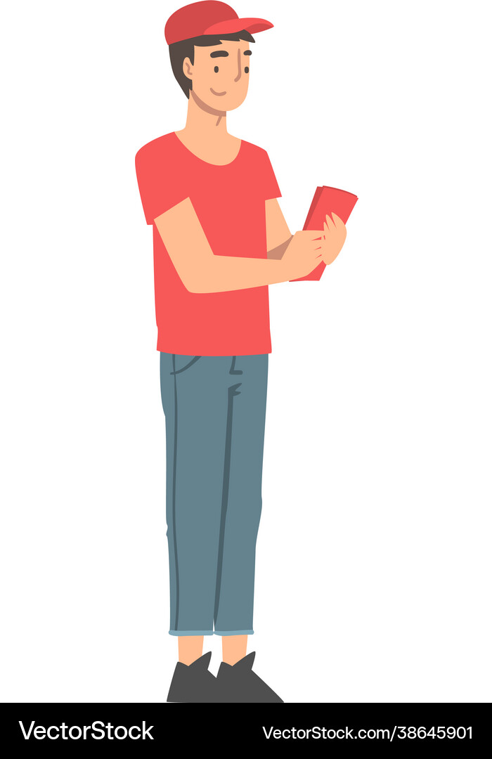 Man volunteer in red cap hand out leaflet engaged Vector Image