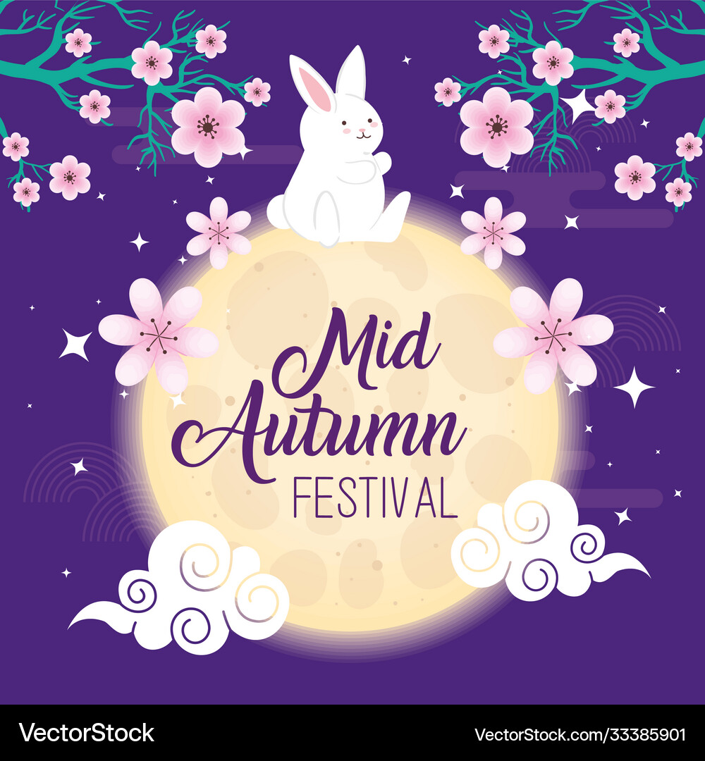 Rabbit on moon with flowers happy mid autumn Vector Image