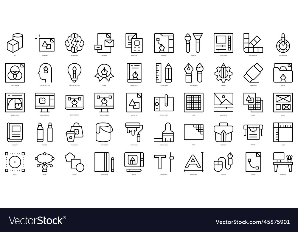 Set of simple outline graphic design icons thin Vector Image