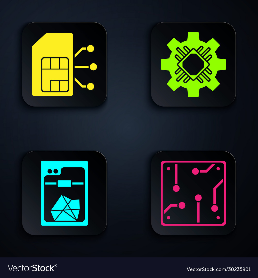 Set processor sim card 3d printer and processor Vector Image