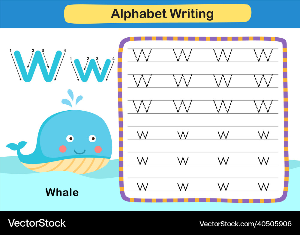 Alphabet letter exercise w-whale with cartoon Vector Image