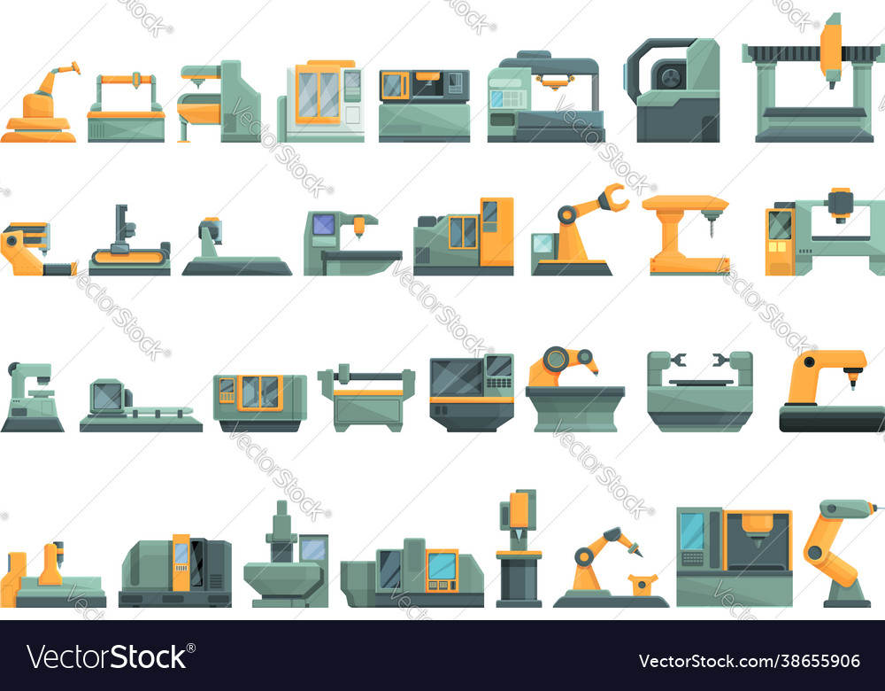 Cnc machine icons set cartoon mill Royalty Free Vector Image Cnc machine icons set cartoon mill Royalty Free Vector Image