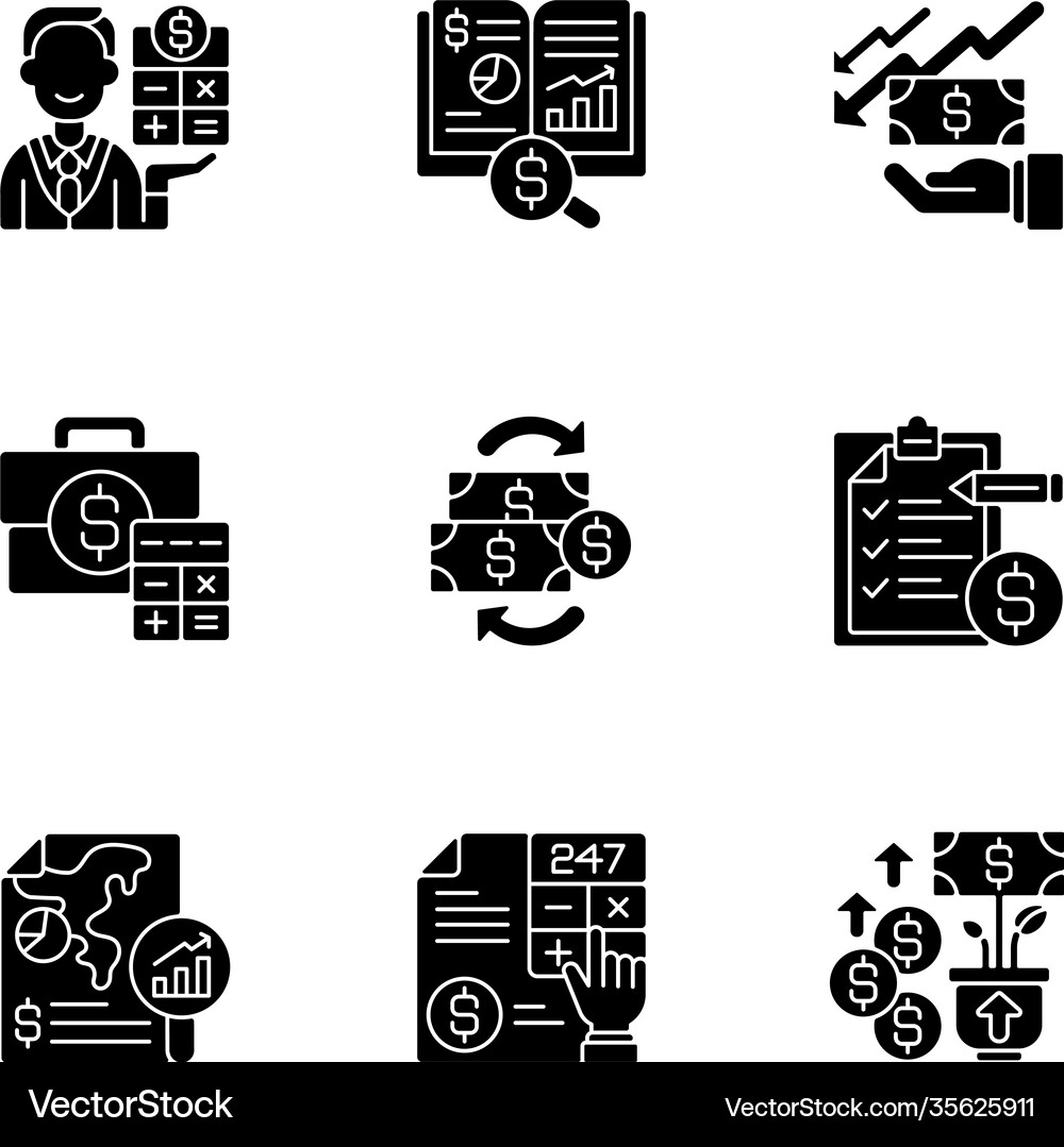 Accounting black glyph icons set on white space Vector Image