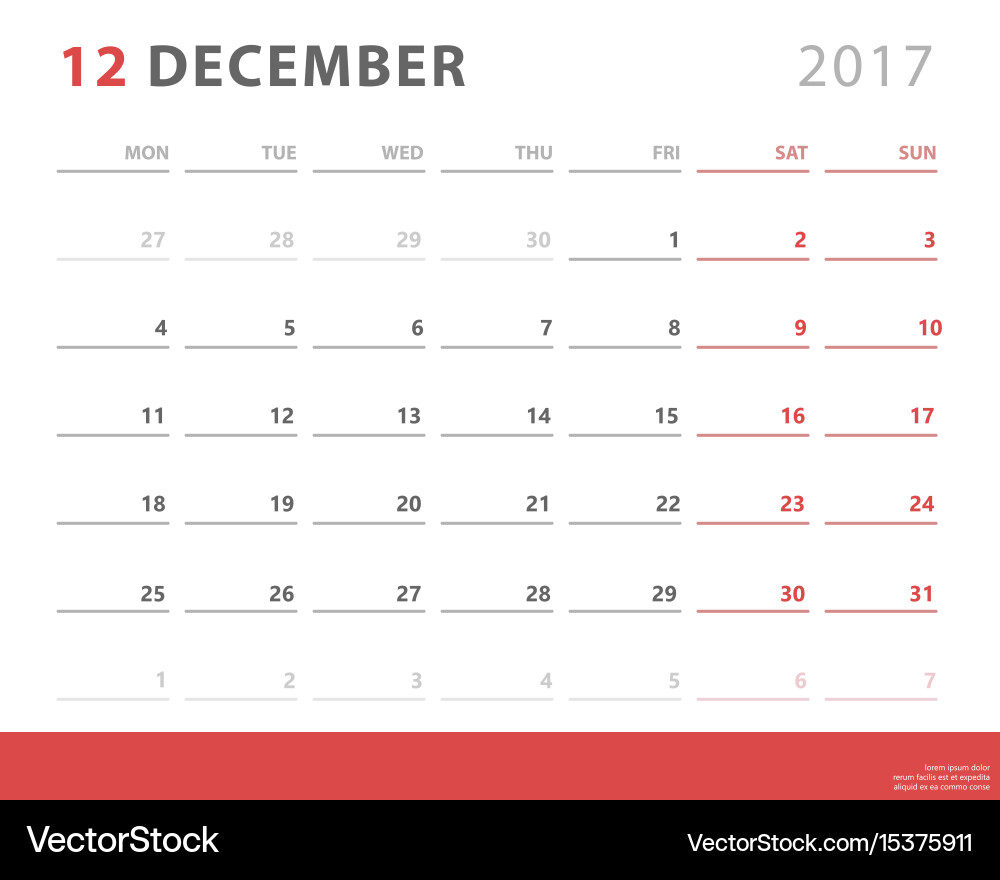 Calendar planner 2017 december week starts monday Vector Image