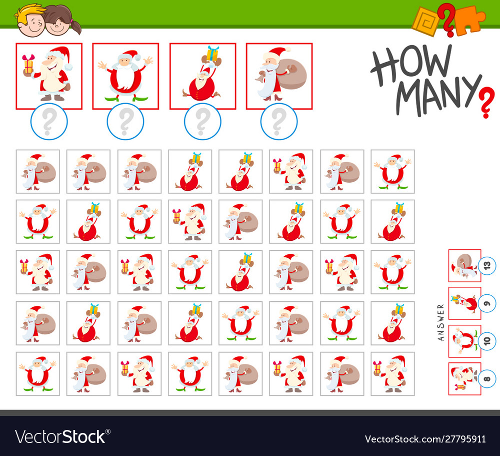 How many santa claus characters counting game Vector Image