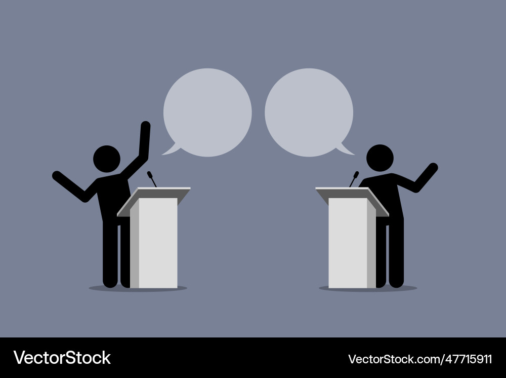 Two speaker debate and argue on a podium depicts Vector Image