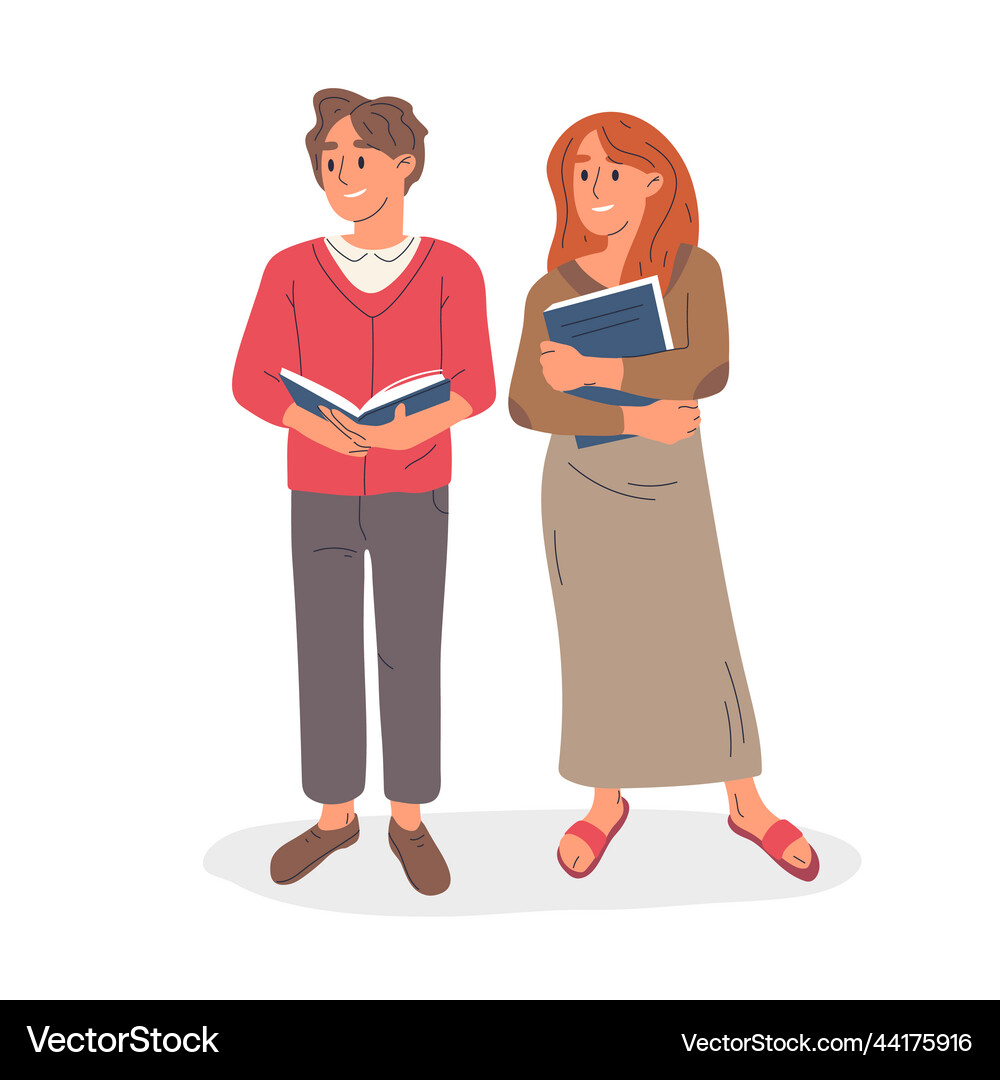 Couple book lovers reading characters holding Vector Image