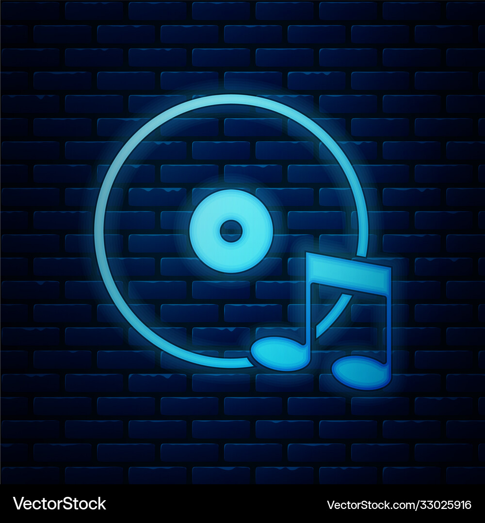 Glowing neon vinyl disk icon isolated on brick Vector Image