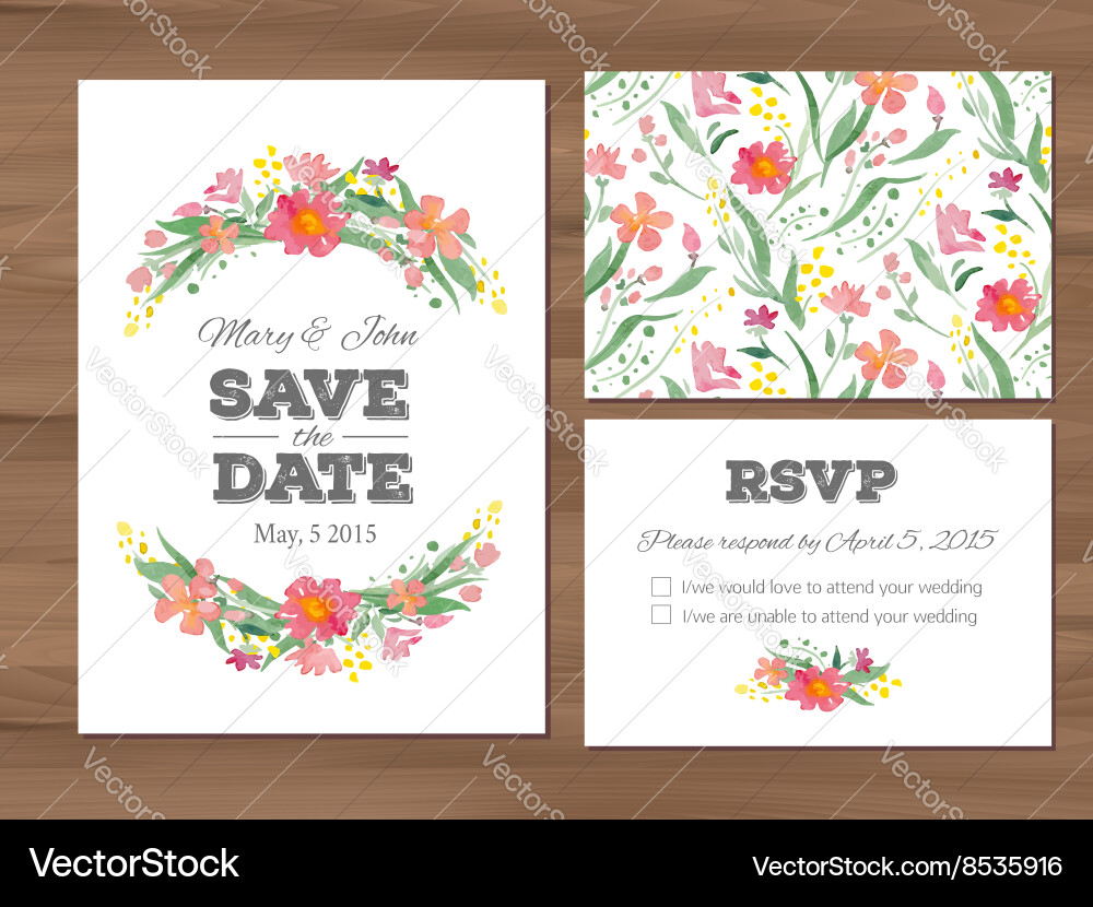 Wedding set with watercolor flowers Royalty Free Vector